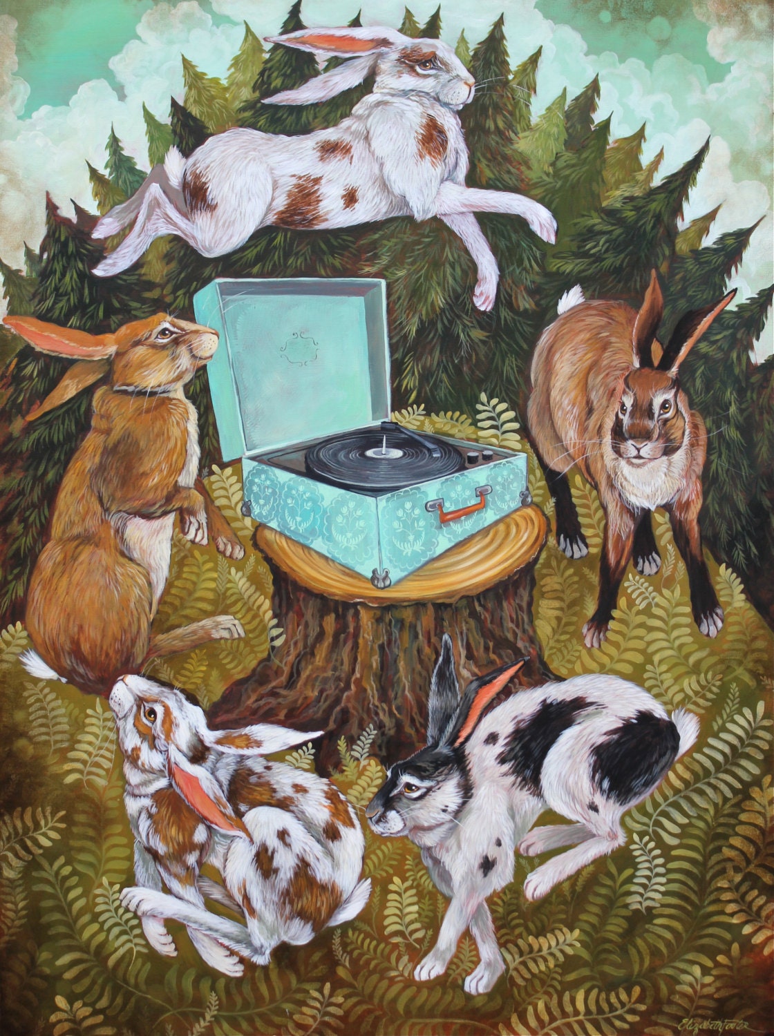 Rabbit Record Player Art Print | Etsy