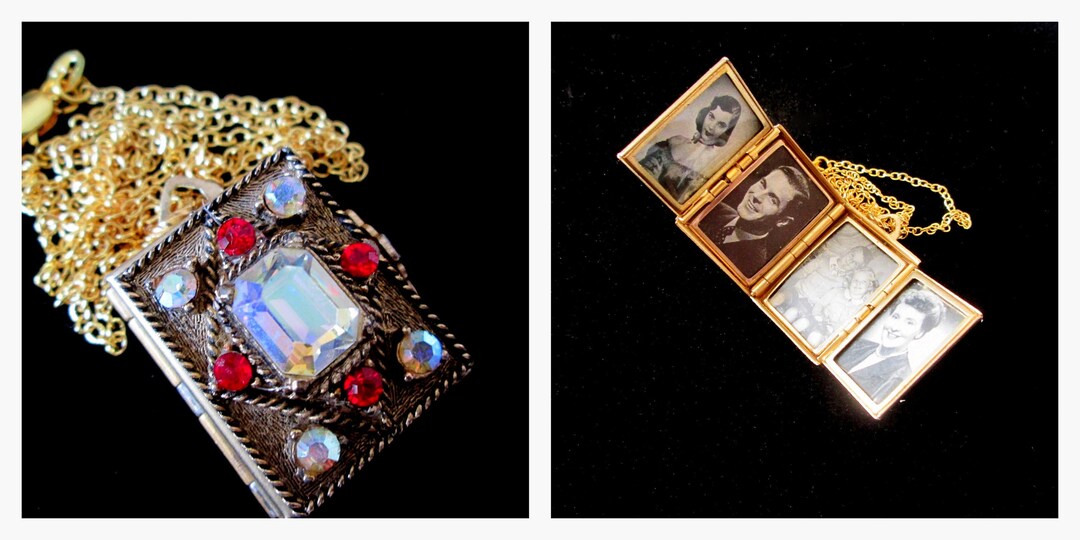 Vintage Coro 4 Picture Locket Necklace, Aurora Borealis, Red Ruby ...