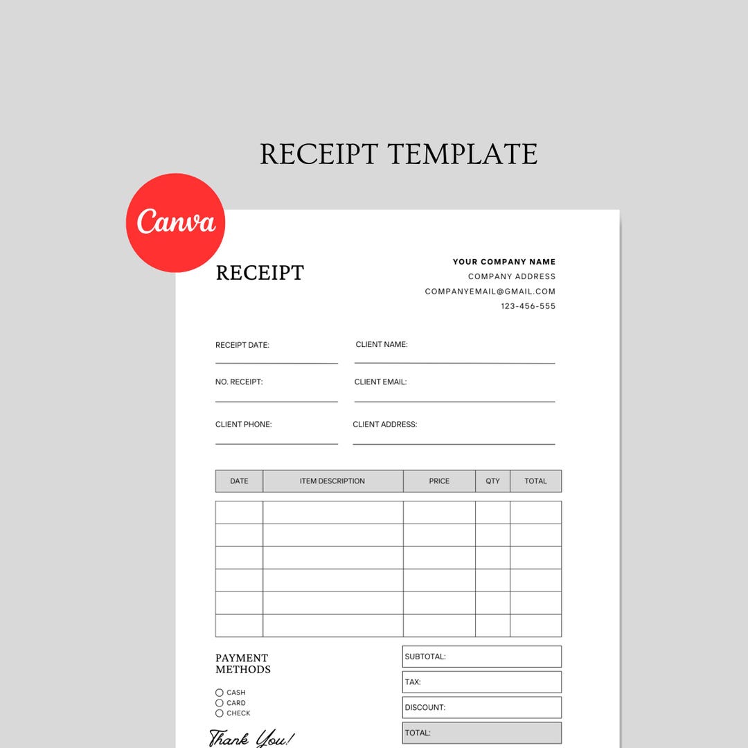 Editable Receipt Template | Small Business Canva Template (digital ...