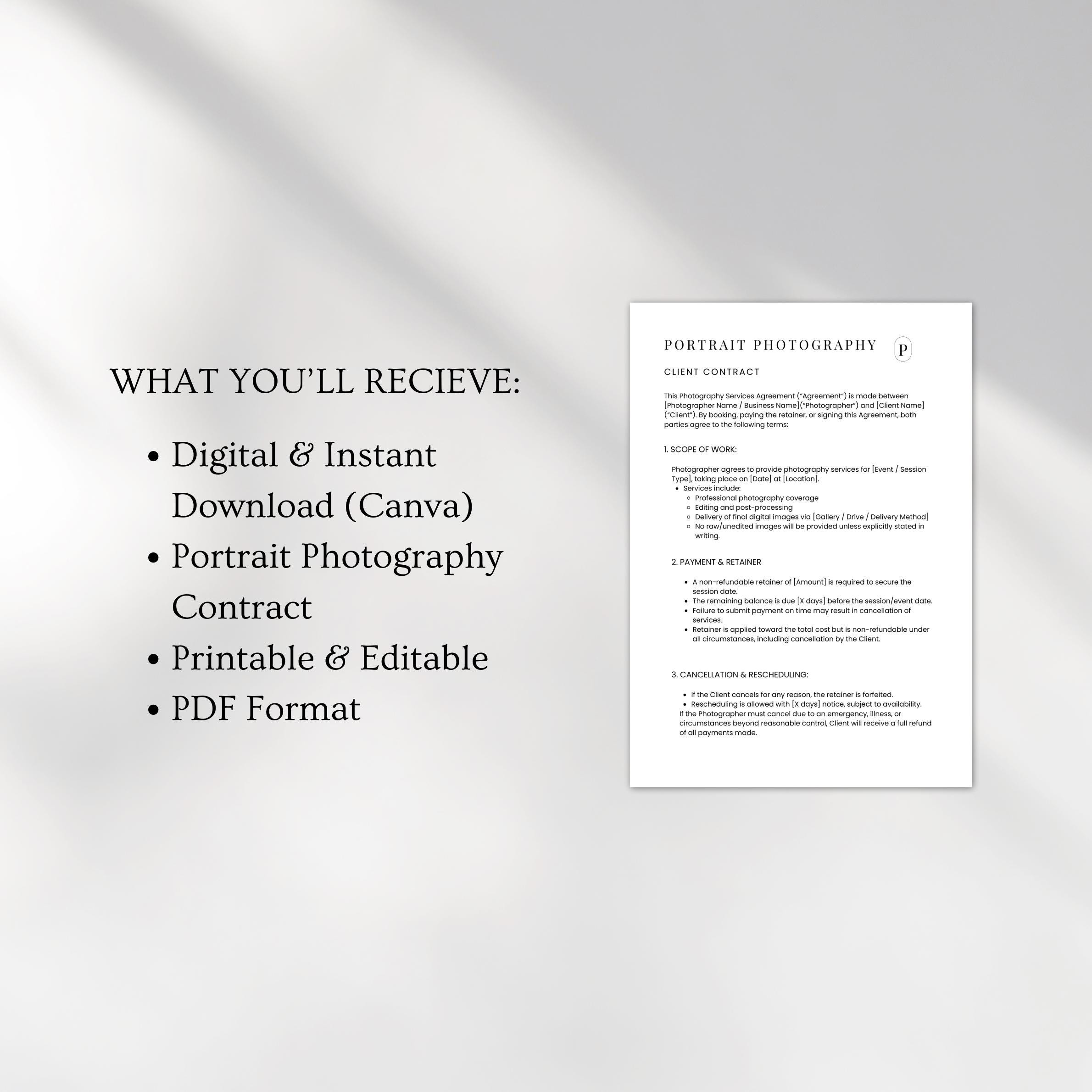 Portrait Photographer Client Contract Template | Editable Canva ...