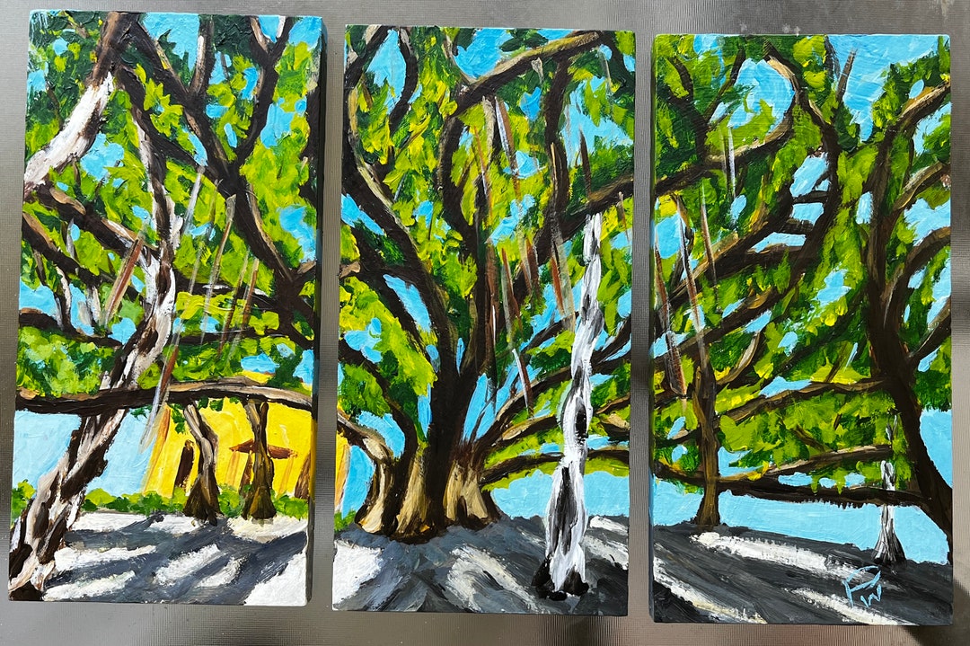 Lahaina Banyan Tree Triptych, Maui. 3 12x6 Panels. Acrylic on Cradled Wood En Plein Air Original ...