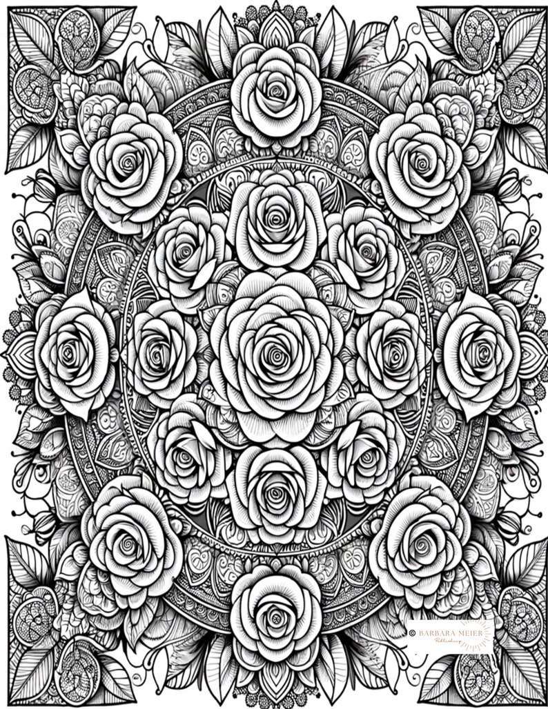 10 Intricate Rose Mandala Coloring Pages Digital Download Relaxing and ...