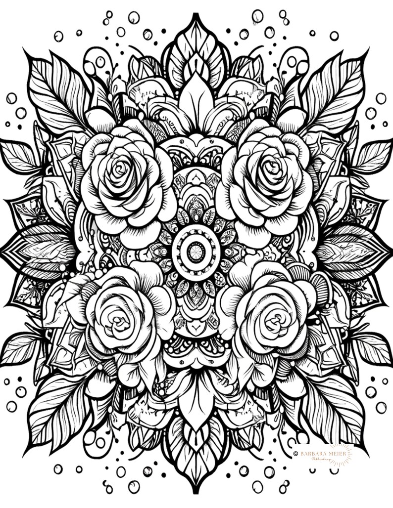 10 Intricate Rose Mandala Coloring Pages Digital Download Relaxing and ...