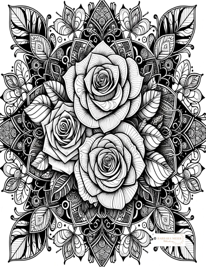 10 Intricate Rose Mandala Coloring Pages Digital Download Relaxing and ...