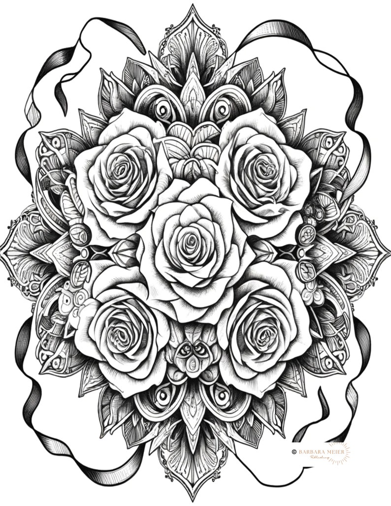 10 Intricate Rose Mandala Coloring Pages Digital Download Relaxing and ...