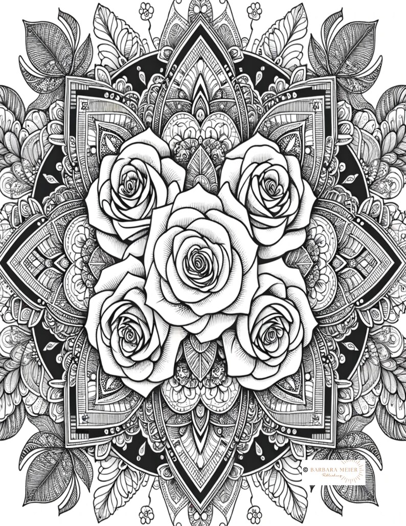 10 Intricate Rose Mandala Coloring Pages Digital Download Relaxing and ...