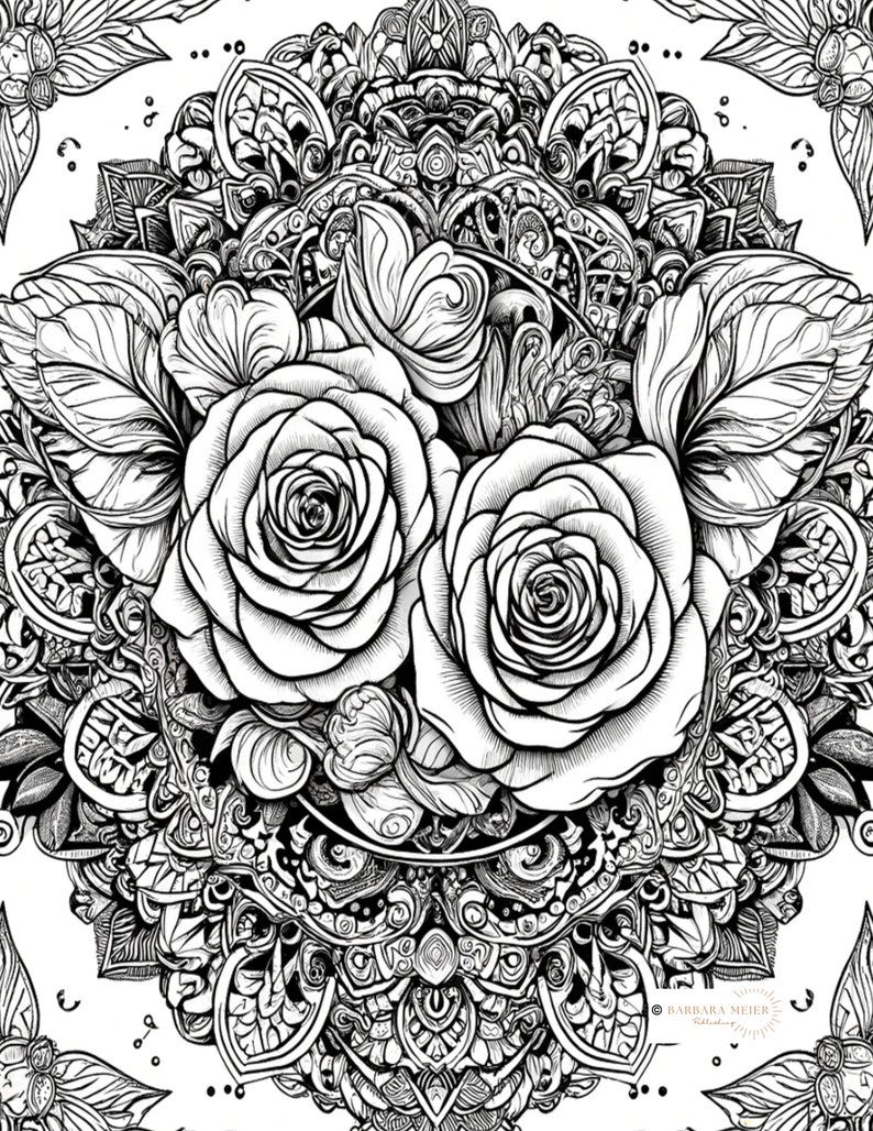 10 Intricate Rose Mandala Coloring Pages Digital Download Relaxing and ...