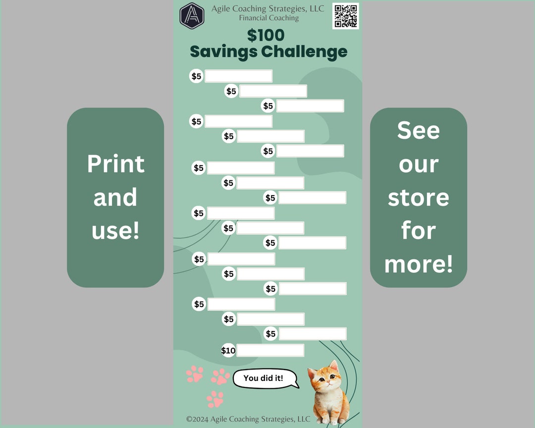 Savings Challenge Tracker 100 Dollars Kitten Digital Download - Etsy