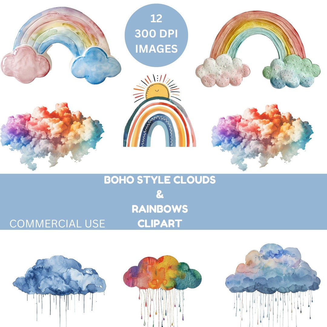 12 Boho Rainbow and Cloud Clipart Images, PNG Transparent Images ...