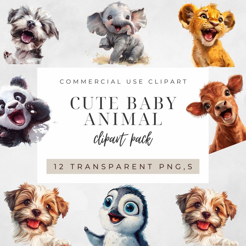Cute Baby Animals Clipart, 300 DPI, Transparent Background Instant ...
