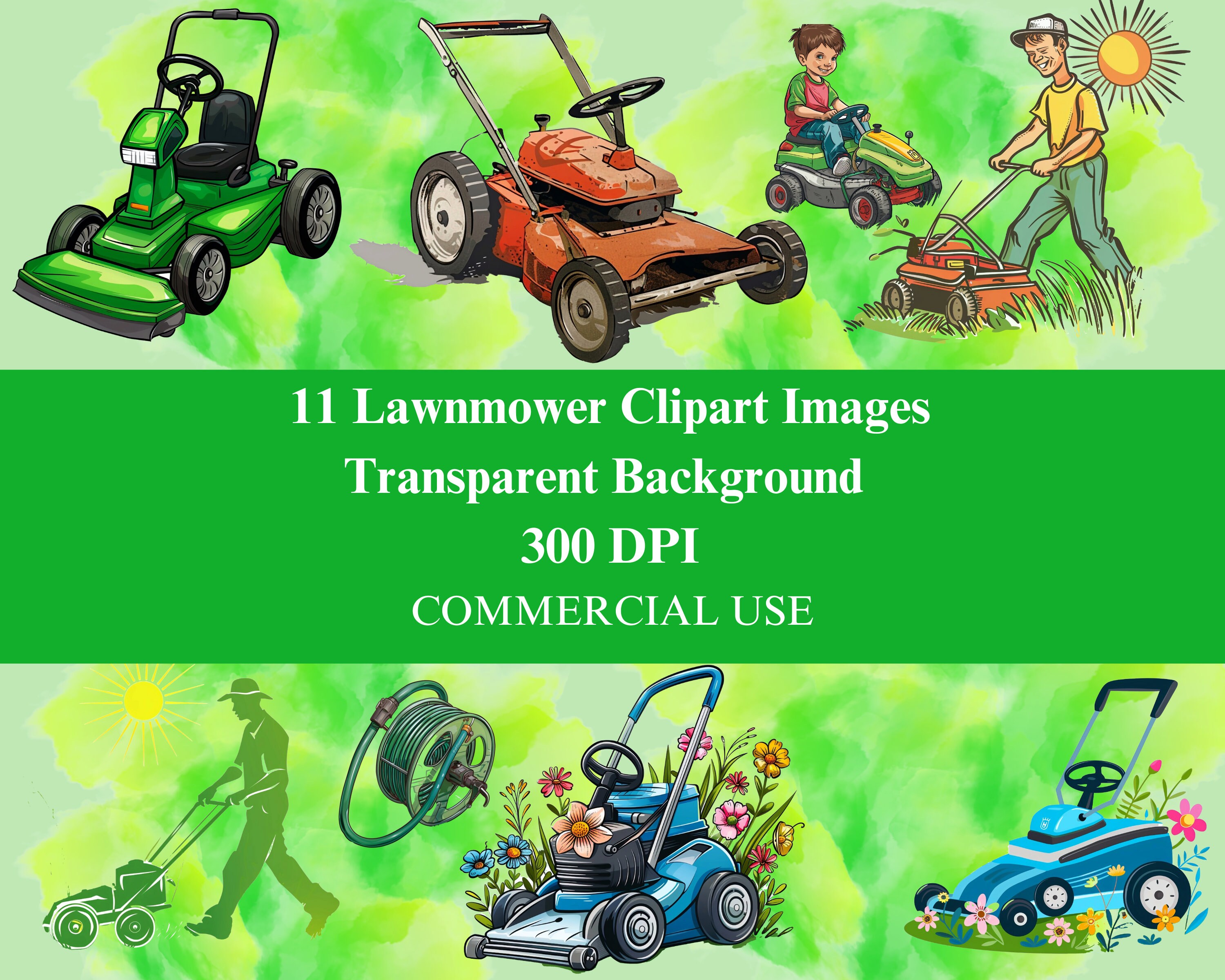 Clipart Lawnmower Bundle, Digital Papercraft, Watercolor Clipart, Lawn ...