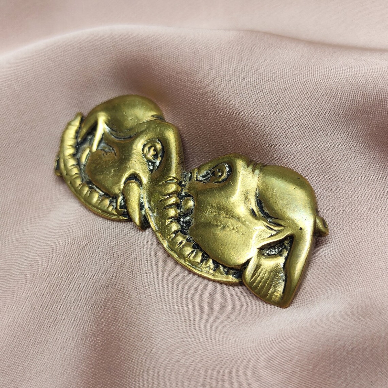 Exotic Art Deco Two Elephants Gold Brass Brooch Embrace Interlocking ...
