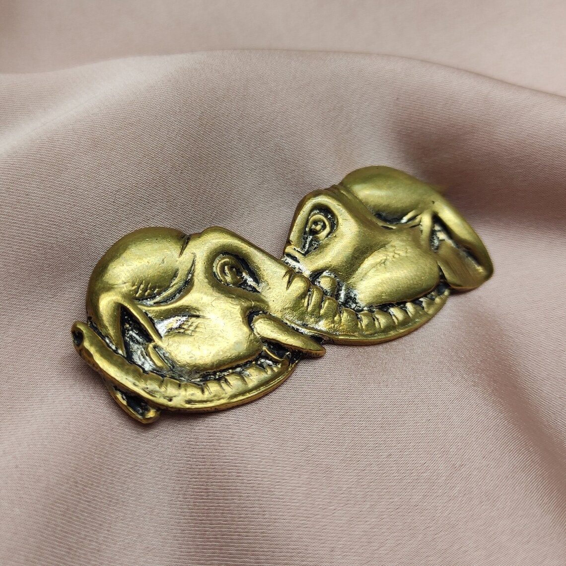 Exotic Art Deco Two Elephants Gold Brass Brooch Embrace Interlocking ...