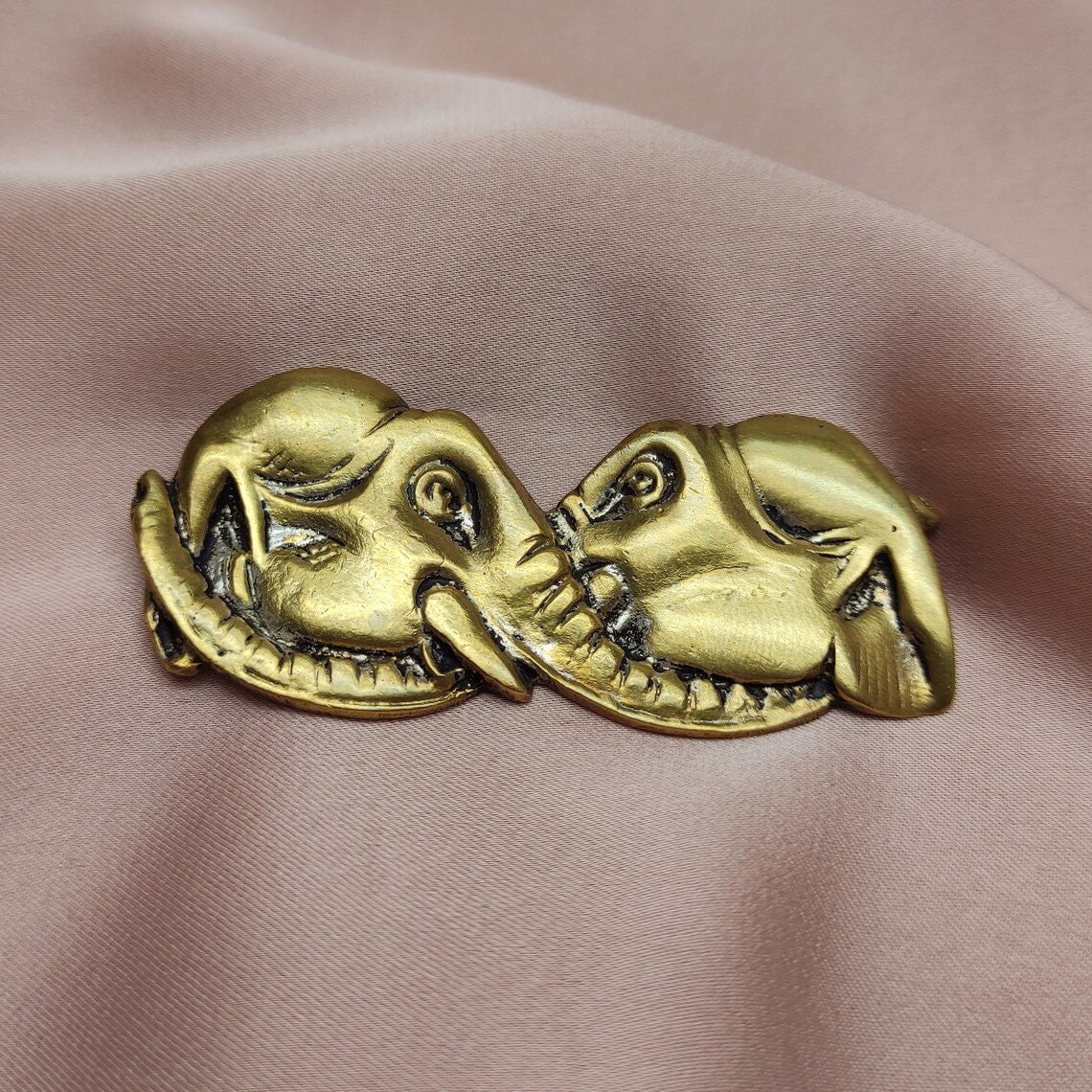 Exotic Art Deco Two Elephants Gold Brass Brooch Embrace Interlocking ...