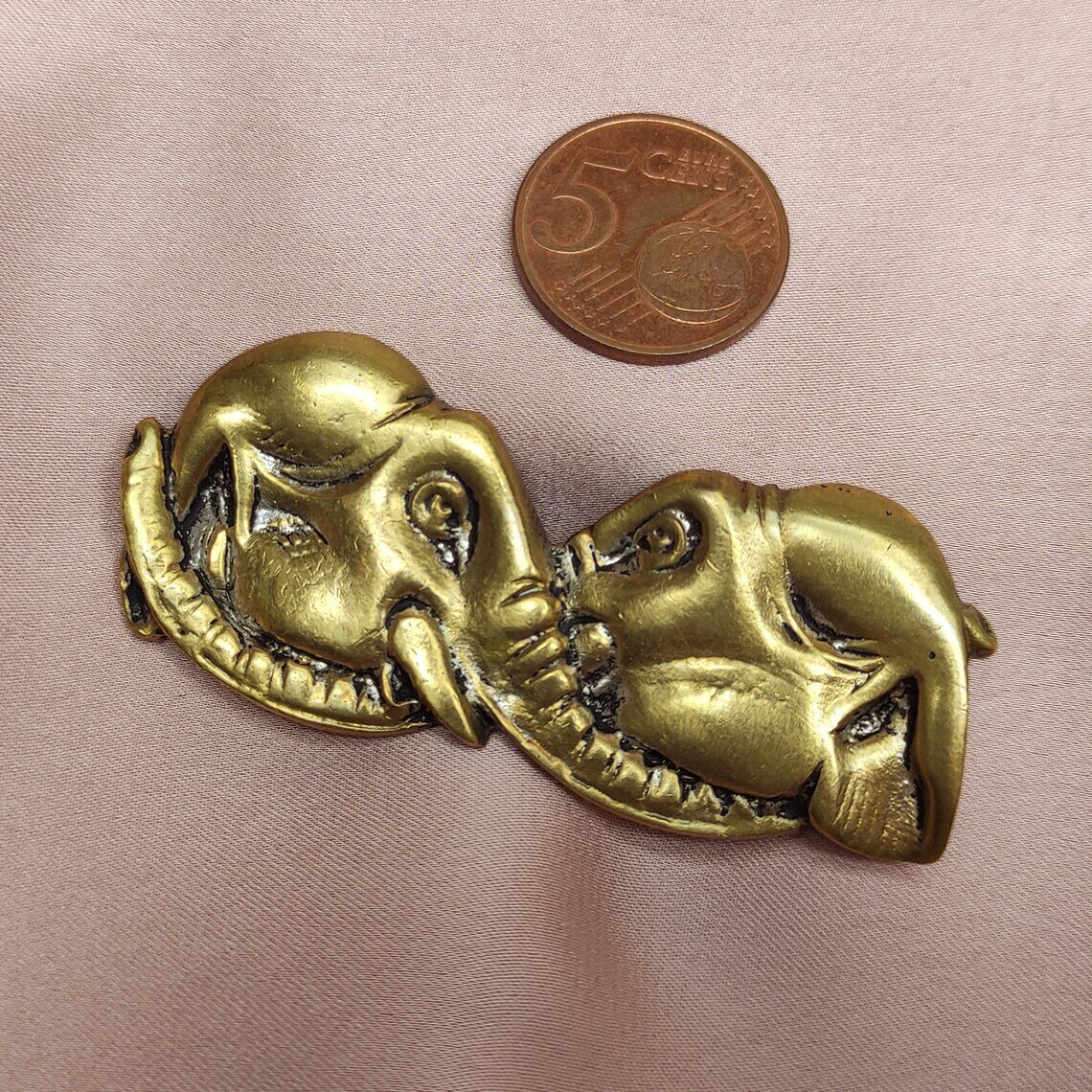 Exotic Art Deco Two Elephants Gold Brass Brooch Embrace Interlocking ...