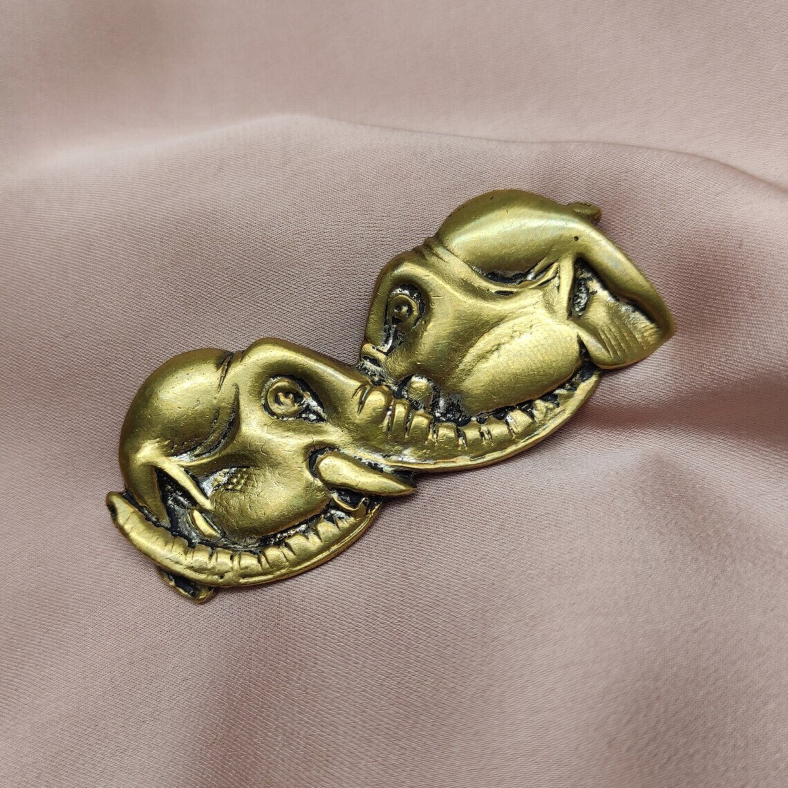 Exotic Art Deco Two Elephants Gold Brass Brooch Embrace Interlocking ...