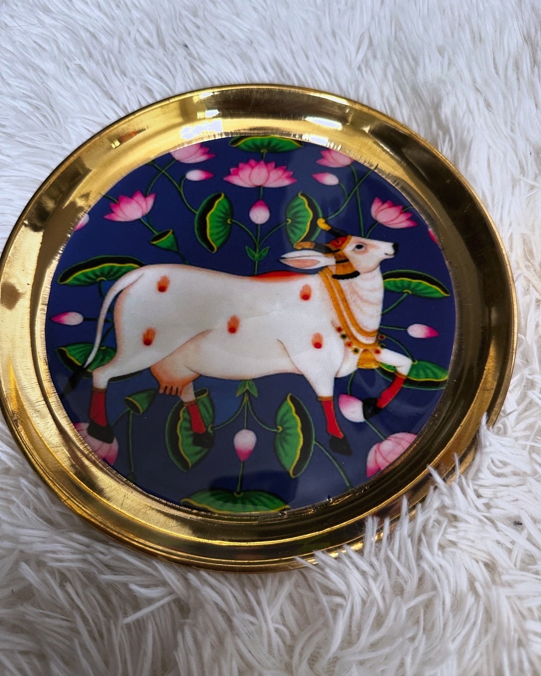 Laminated Pichwai Cow Print Pure Brass Round Trays - Etsy