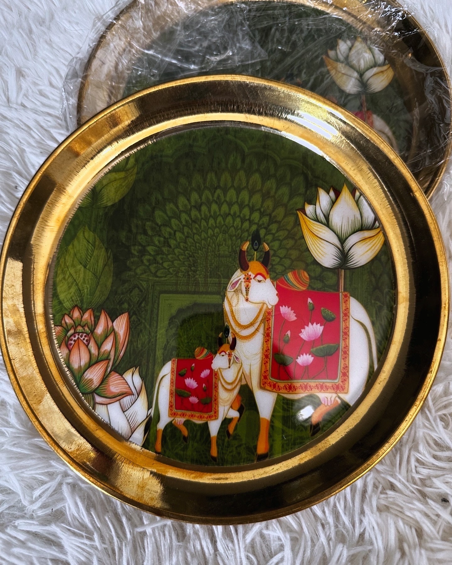 Laminated Pichwai Cow Print Pure Brass Round Trays - Etsy