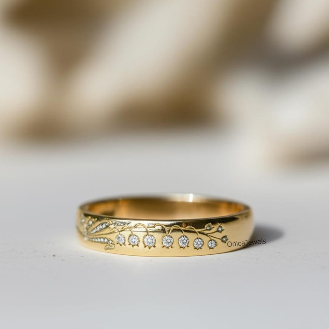 Antique Flush Setting Wide Band, Round Cut Moissanite Engagement Ring ...
