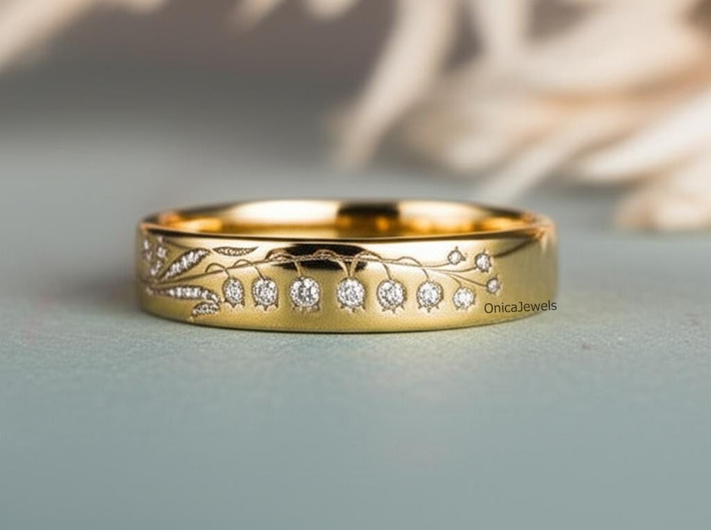Antique Flush Setting Wide Band, Round Cut Moissanite Engagement Ring ...