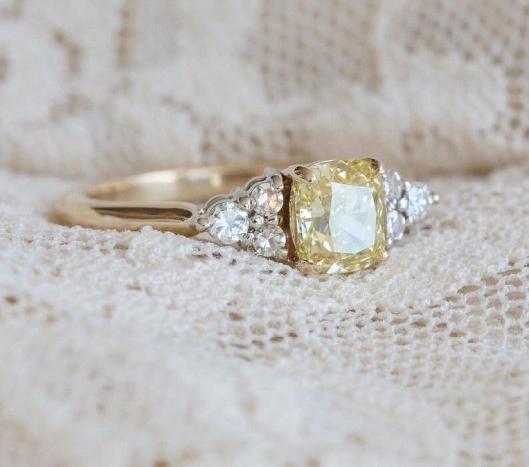 Canary Yellow Engagement Ring, Two-tone Gold Seven Stone Wedding Ring ...