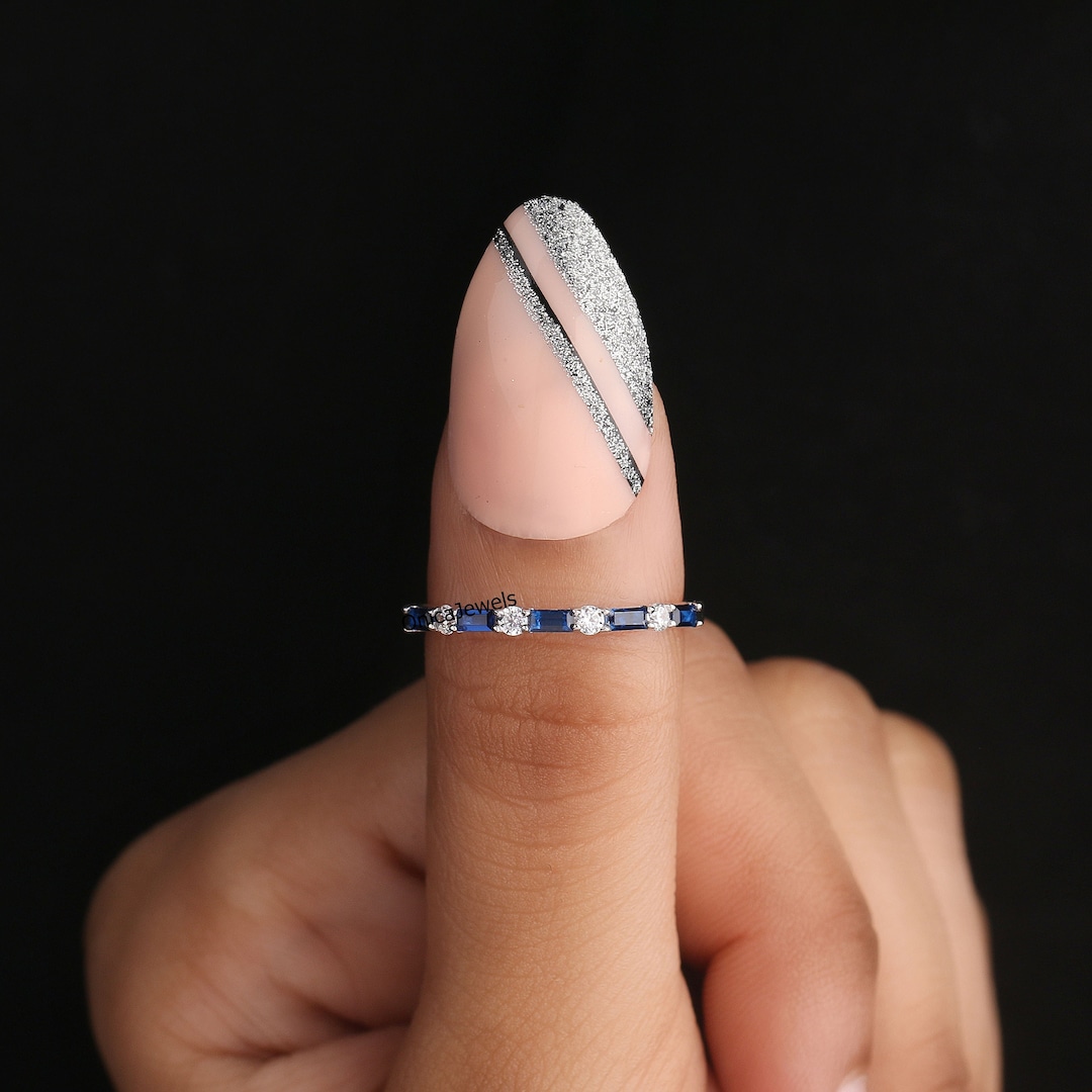 Baguette Blue Sapphire Wedding Ring, Half Eternity Band, Dot-dash Band ...