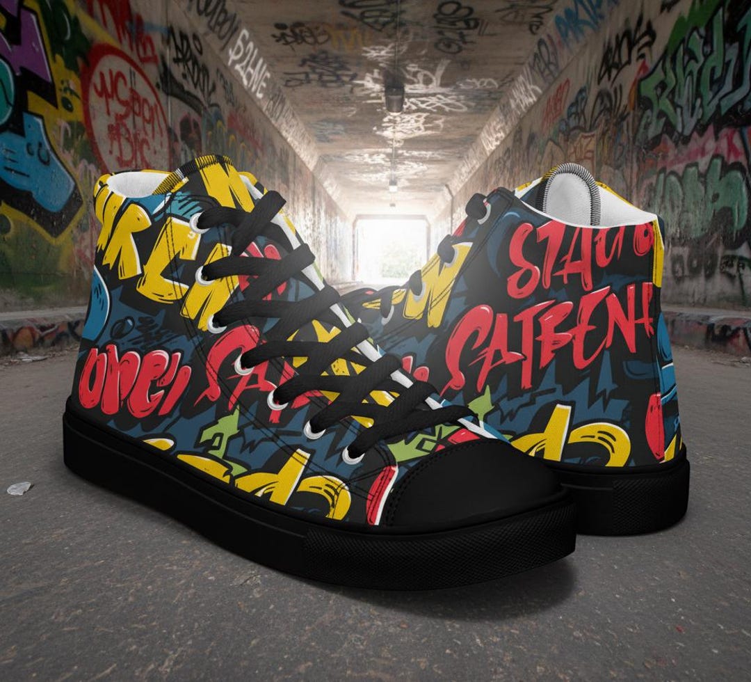 Graffiti Comic High Top Sneakers – Colorful Urban Typography Shoes With ...