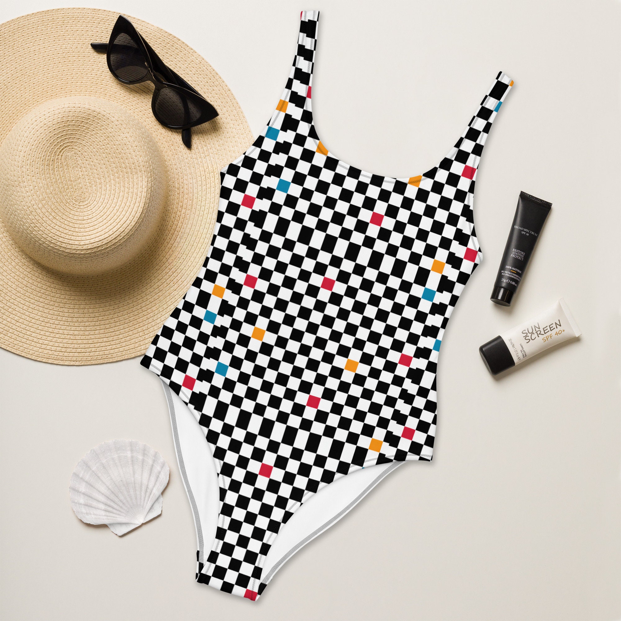 Checkered One-piece Swimsuit: Colorful Dots, Cheeky Fit - Etsy