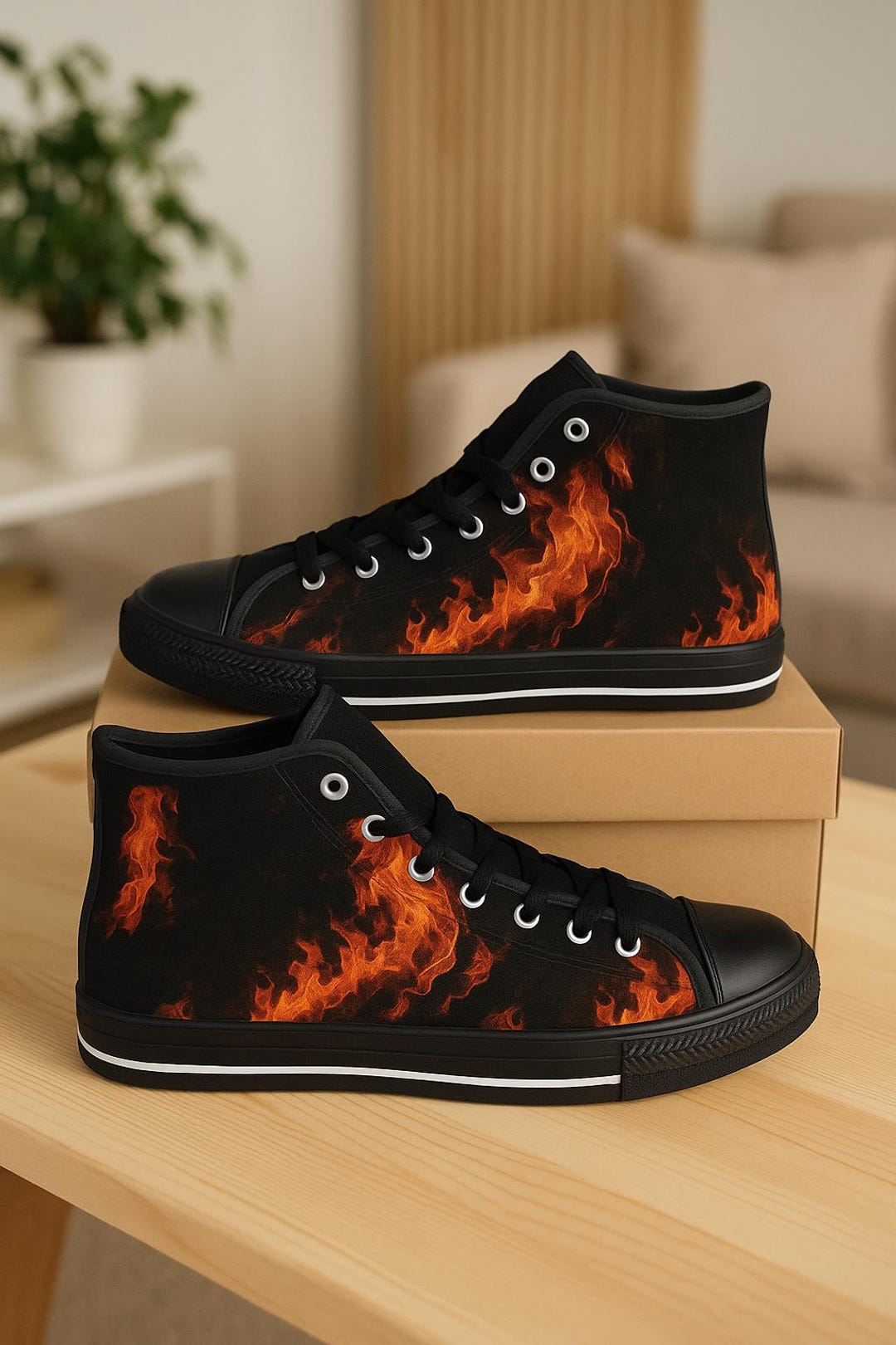 Black Flame High Top Sneakers - Fiery Red Orange Flames on Black Canvas ...