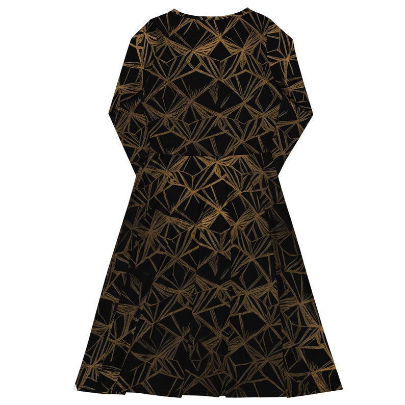 Elegant Black and Gold Geometric Pattern Dress - Mid-length Dress With ...