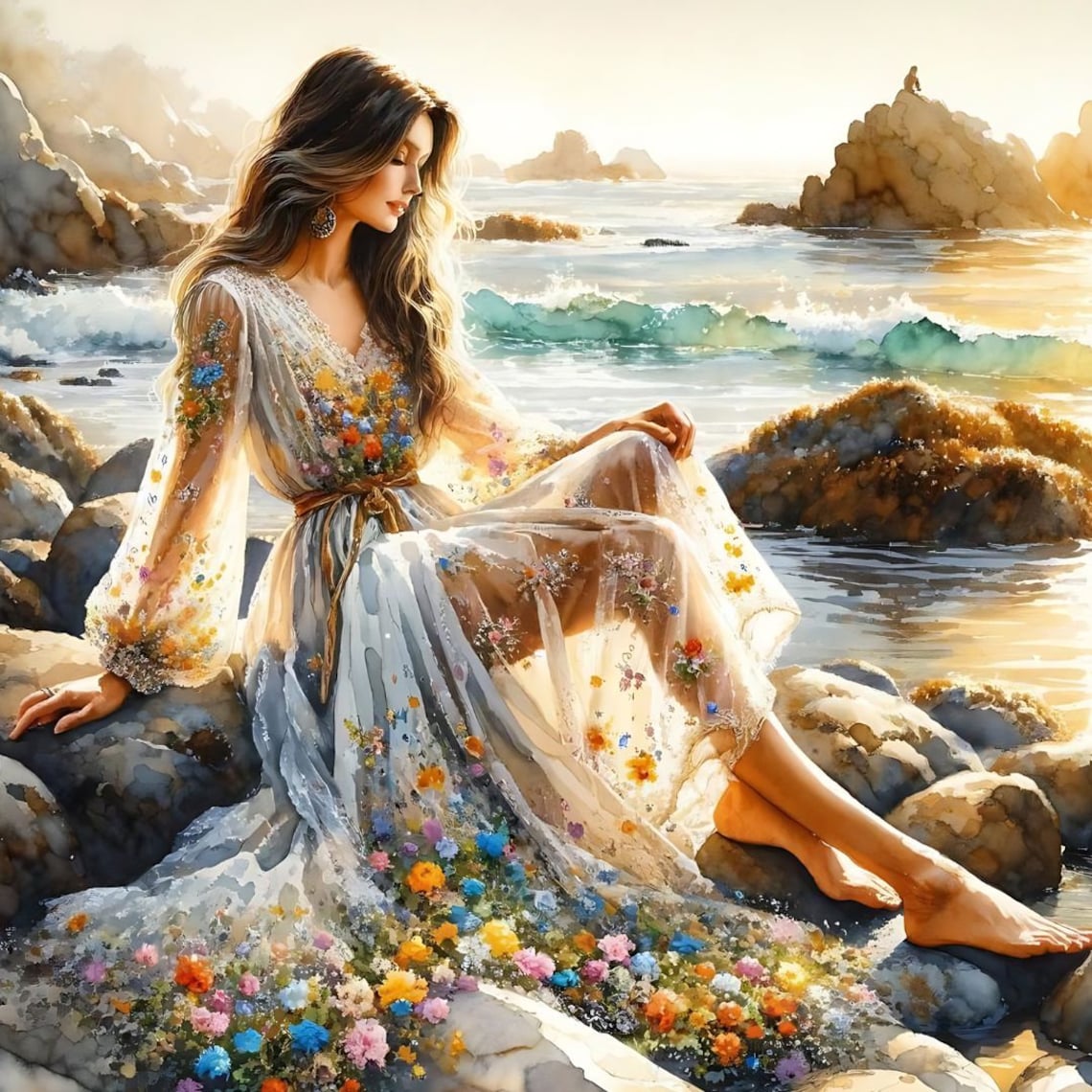 Beautiful Woman, Tranquil Nature Art, Ocean and Rocks, Beachside ...