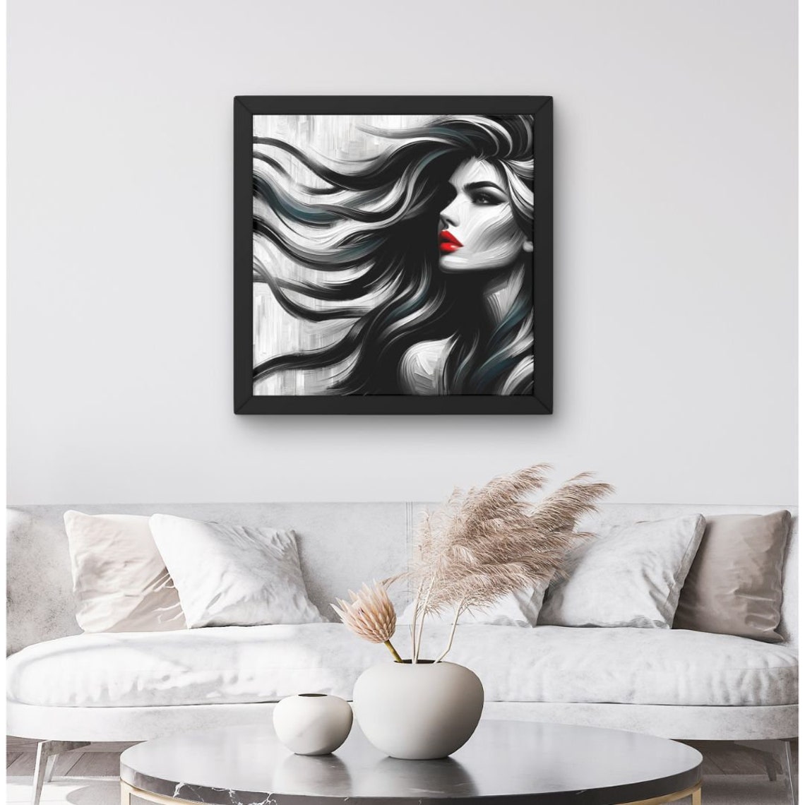 Monochrome Portrait, Red Lips Art Print,stylish Office Art Striking ...