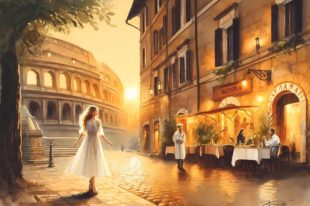 Romantic Rome Street Scene, Watercolor Italian Bistro Art, Sunset by ...