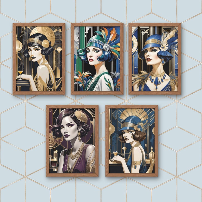 Roaring Twenties Art Deco Collection, Retro Wall Art- 5 Glamorous ...