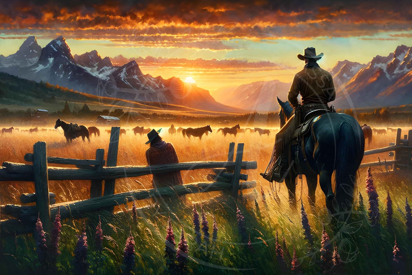 Rustic Cowboy Sunset Art Print, Western Landscape With Horses, Majestic ...