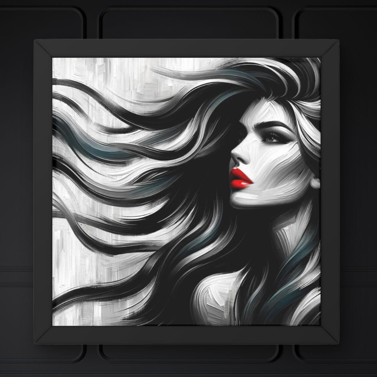 Monochrome Portrait, Red Lips Art Print,stylish Office Art Striking ...