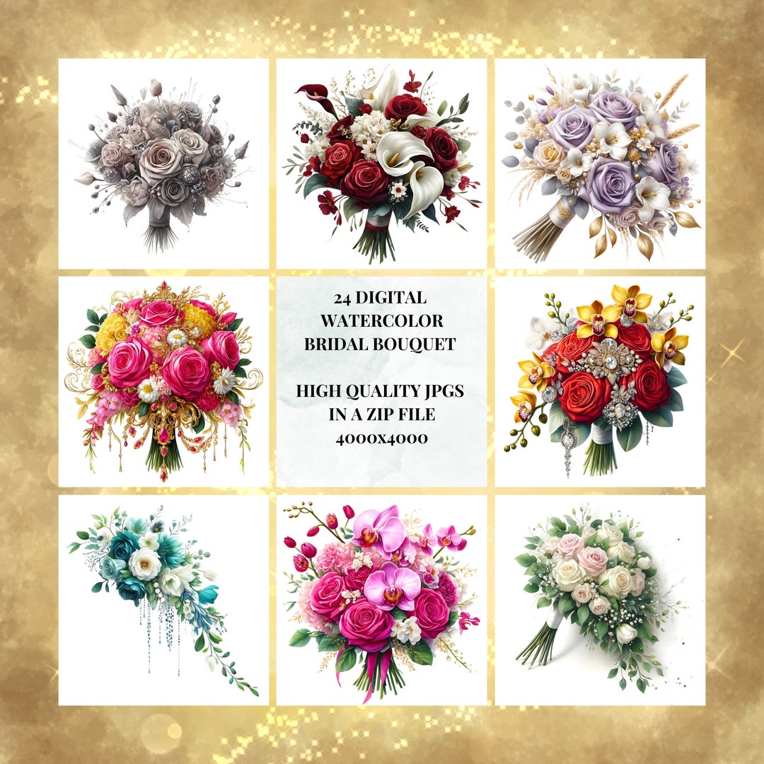 24 Watercolor Bridal Bouquet Collection, Floral Clipart Set - High ...