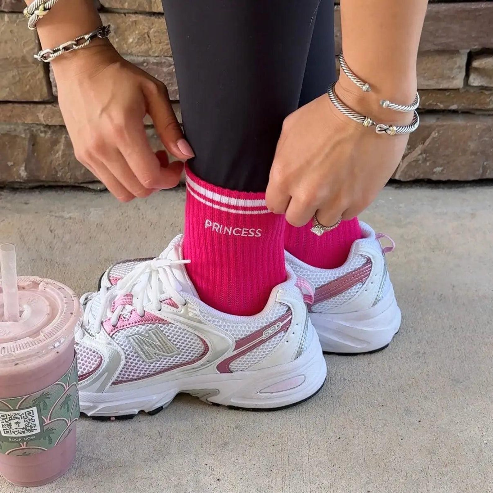 Pink Princess Grip Socks for Pilates and Barre, Embroidered Cotton With ...