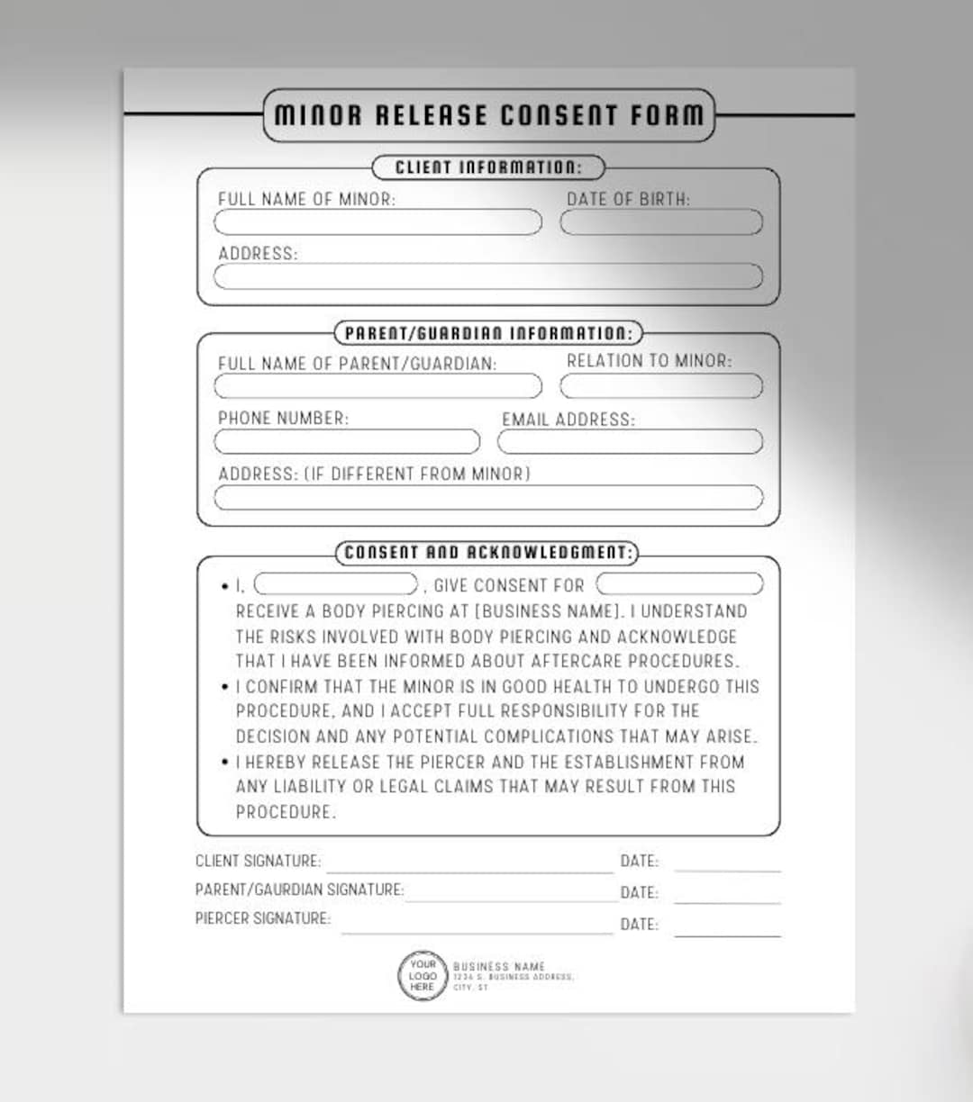 Piercing MINOR RELEASE FORM | Piercing Consent for Minors - Etsy