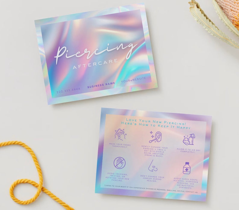 Holographic Piercing Aftercare Card Template - Etsy