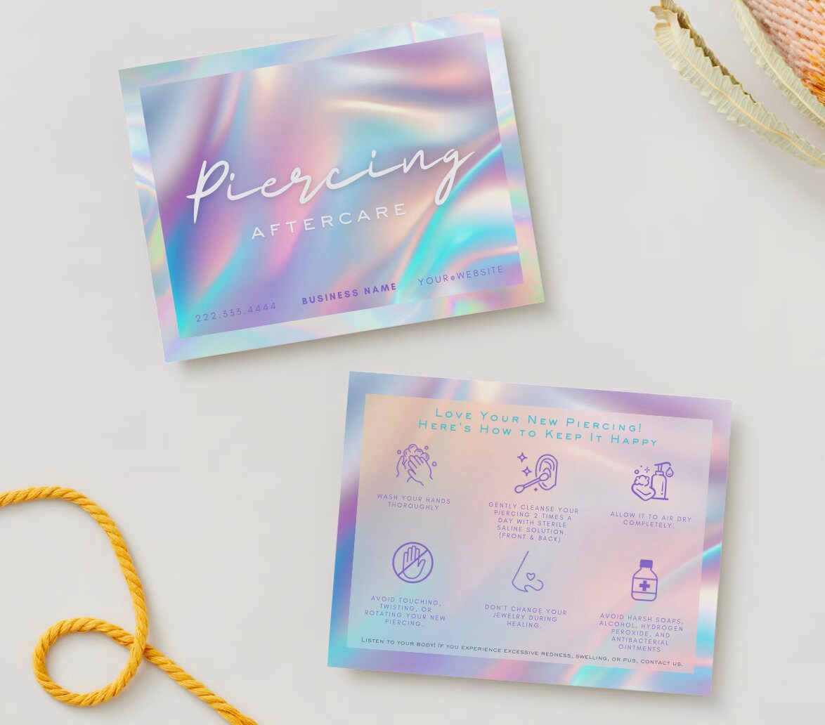 Holographic Piercing Aftercare Card Template - Etsy