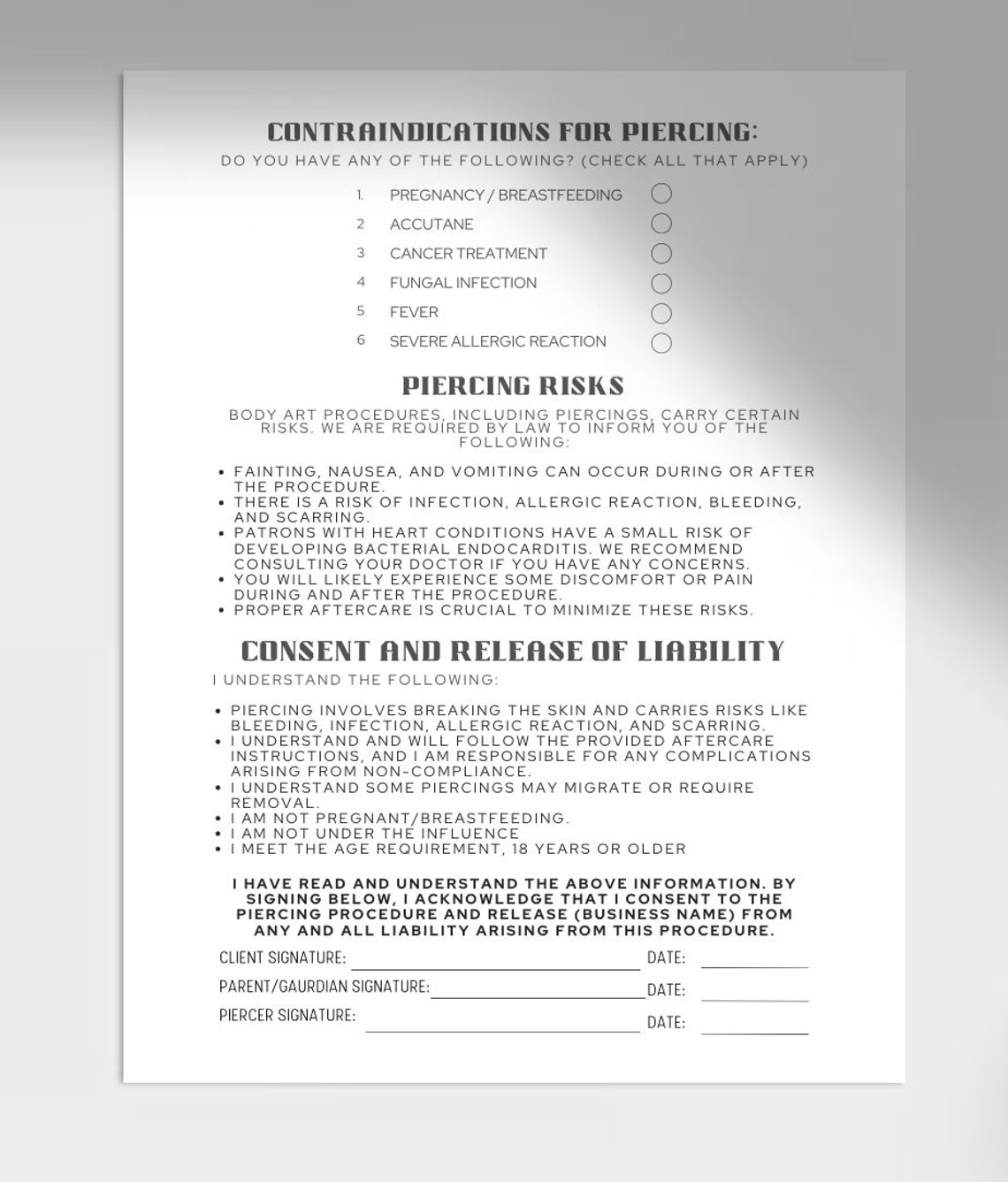 Piercing | Body Art Consent Form | Client Information Form - Etsy