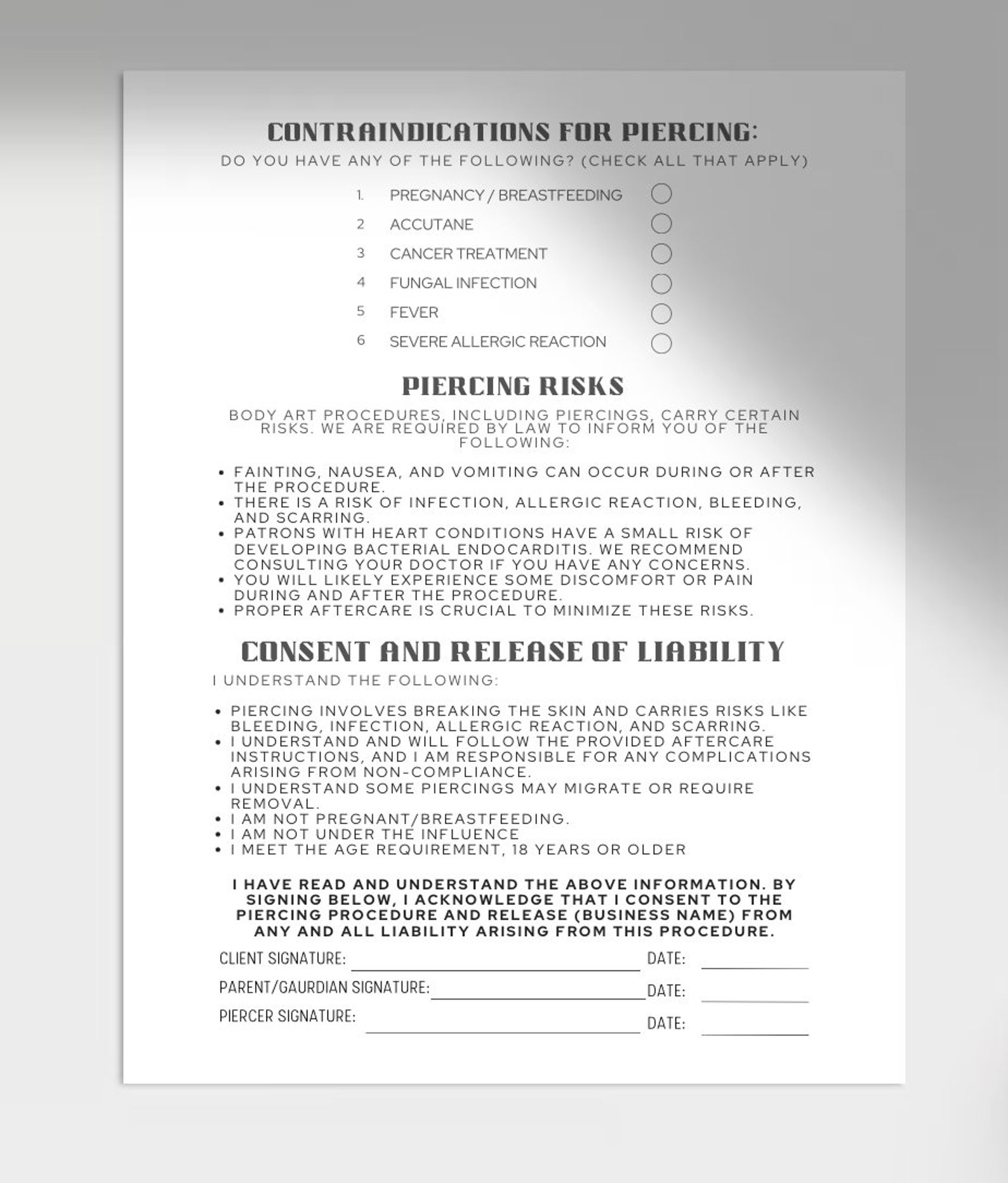 Piercing | Body Art Consent Form | Client Information Form - Etsy