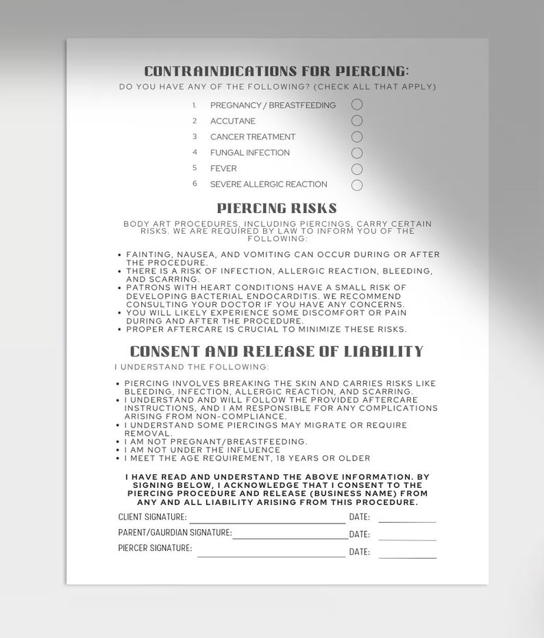 Piercing | Body Art Consent Form | Client Information Form - Etsy