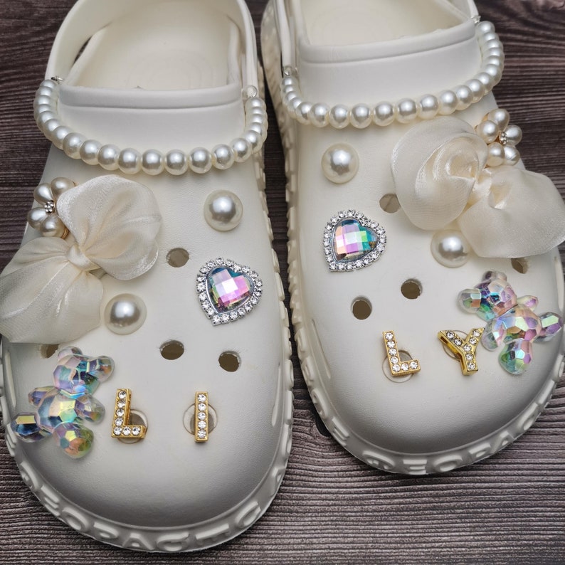 Personalized Name Croc Charm Set, Cute Rhinestone Bowknot Pearls Shoe ...