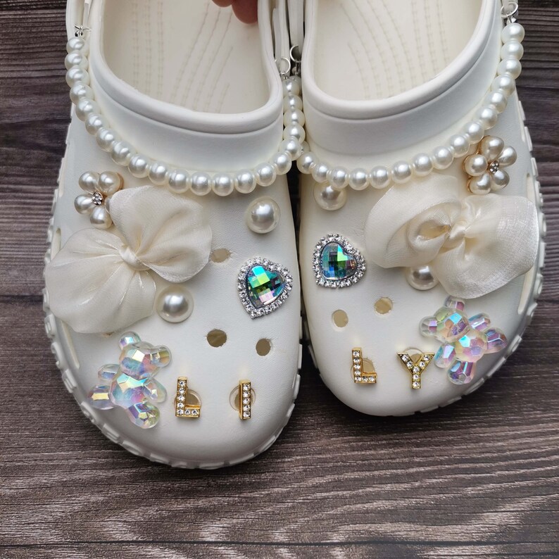 Personalized Name Croc Charm Set, Cute Rhinestone Bowknot Pearls Shoe ...