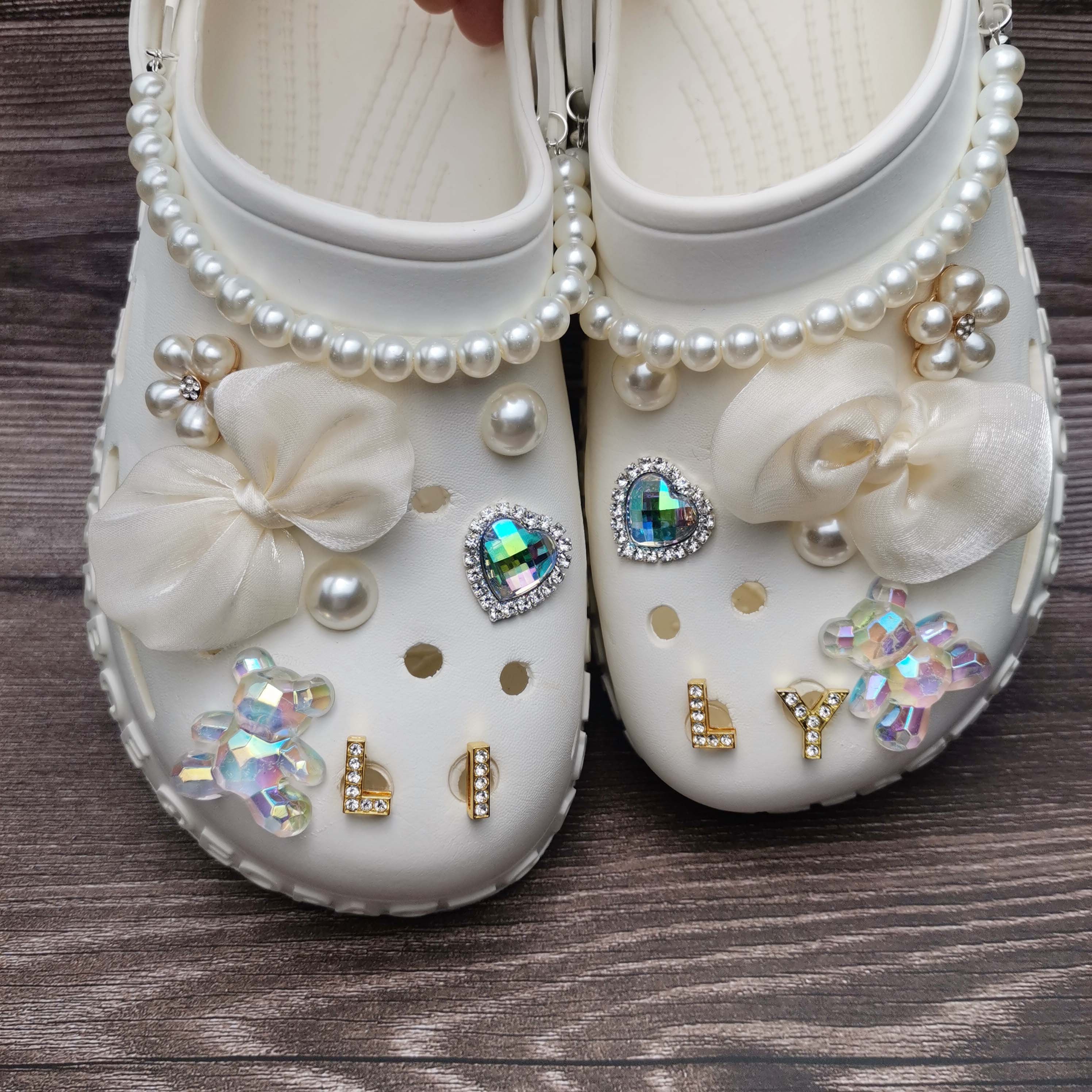 Personalized Name Croc Charm Set, Cute Rhinestone Bowknot Pearls Shoe ...