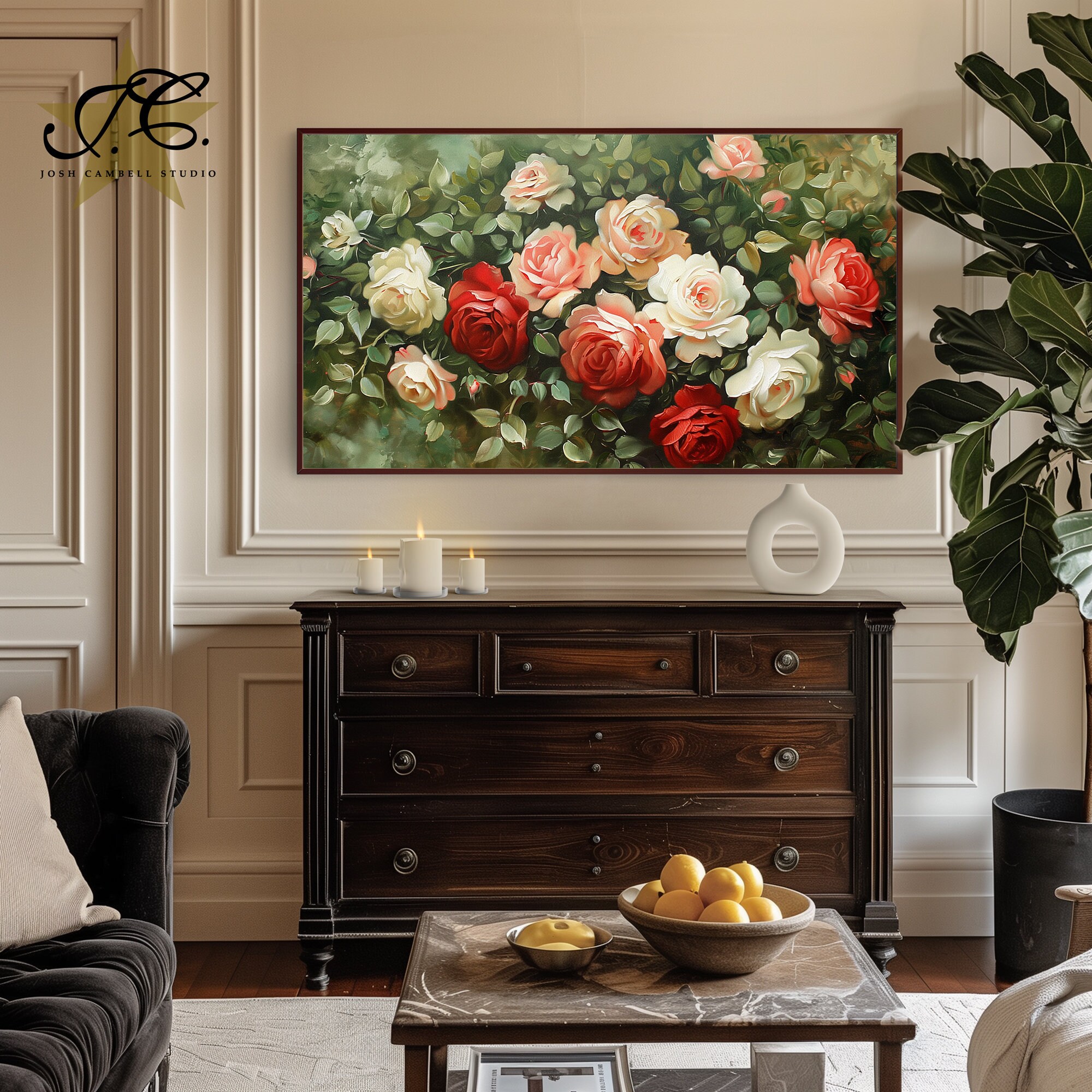 White, Pink, and Red Roses, Flowers, 4K Frame TV Art, Oil Painting ...