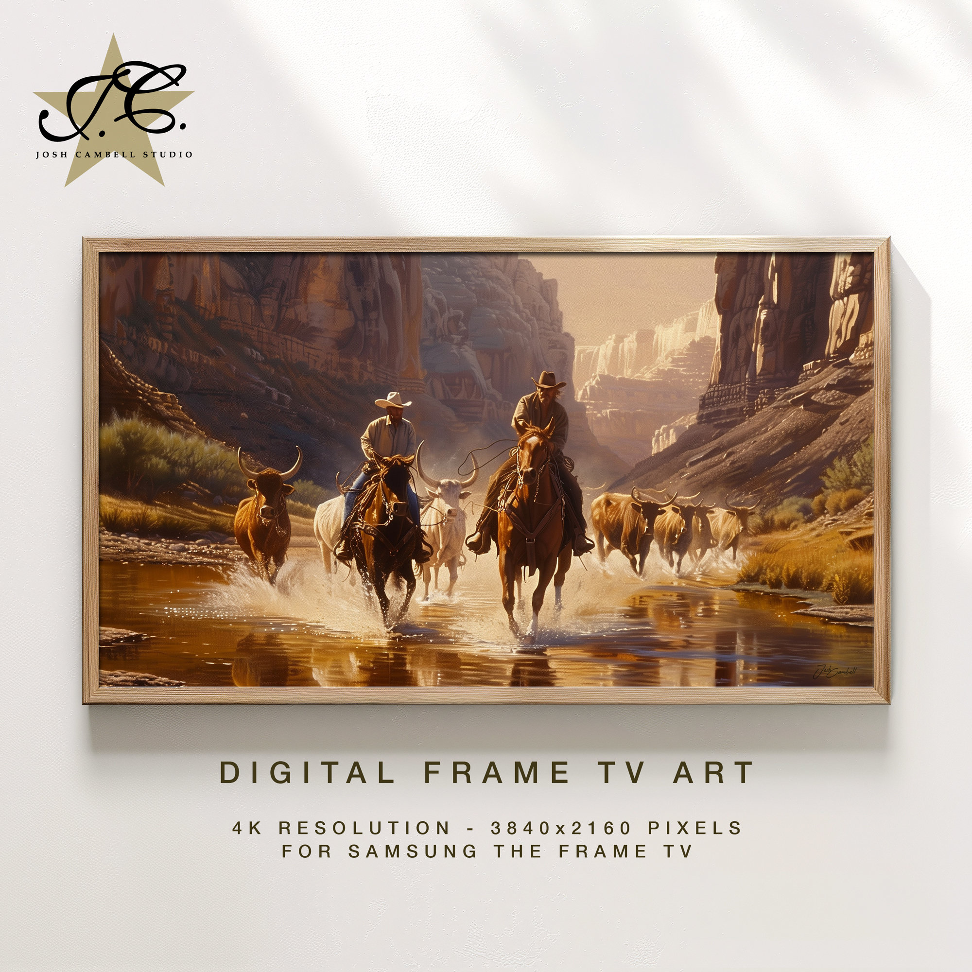 Cowboys Herding Longhorn Cattle, Digital 4K Frame TV Art, Rustic Western Oil Painting, Americana ...
