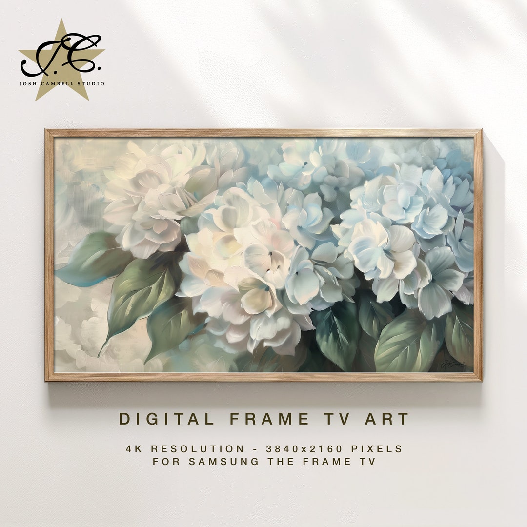 White and Light Blue Hydrangea Flowers, 4K Frame TV Art, Oil Painting ...